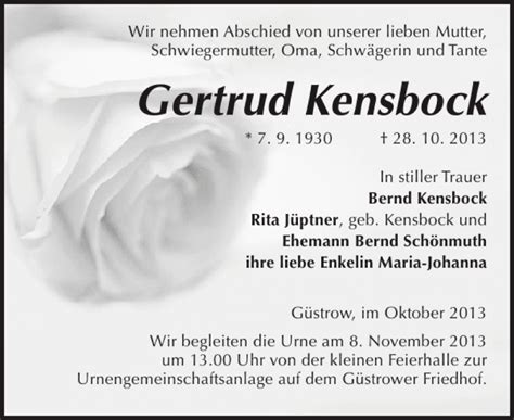 Traueranzeigen Von Gertrud Kensbock Trauer Nordkurier