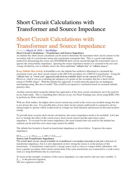 Short Circuit Calculations With Transformer And Source Impedance Pdf