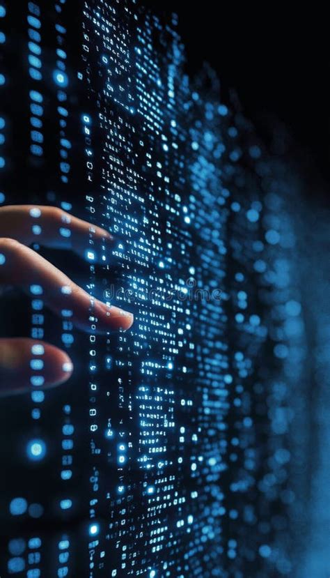 Finger Interacting With Cascading Binary Code Data Stream In Futuristic Technology Concept Stock