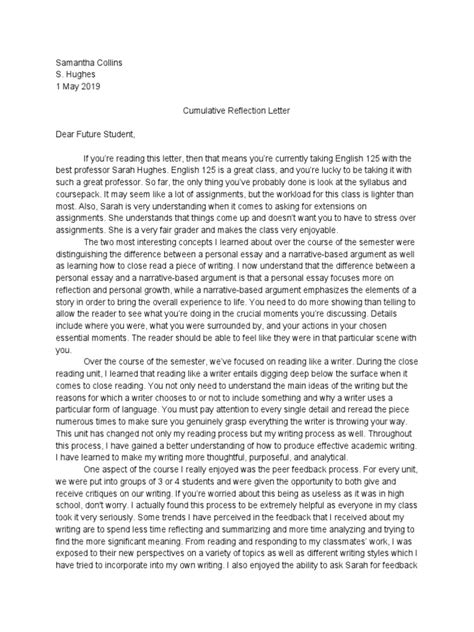Cumulative Reflection Letter Pdf Essays Learning