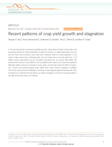 Pdf Recent Patterns Of Crop Yield Increases And Stagnation