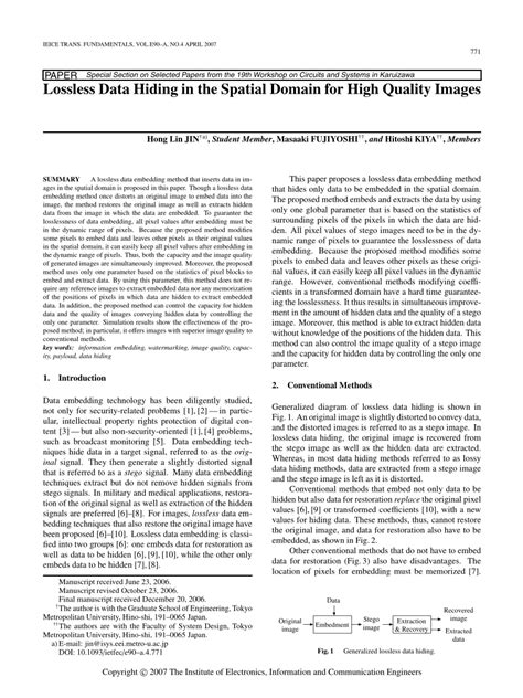 Pdf Lossless Data Hiding In The Spatial Domain For High Quality Images