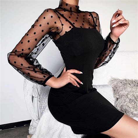 Women Dress Gown Black Long Sleeve Sexy Lady Dress Bodycon Etsy