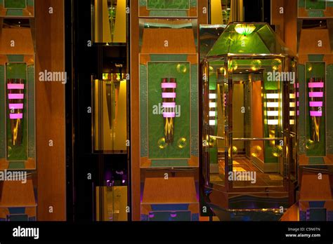 Cruise Ship Interior Atrium Glass Elevators Bright And Glitter With