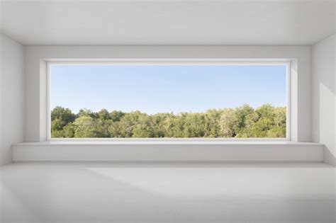 자연 배경에 큰 창이 있는 빈 콘크리트 방의 3d 렌더링 프리미엄 사진