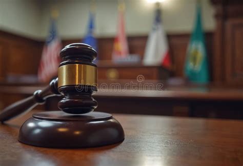 Close-up View of Wooden Gavel Resting on Table in Courtroom. Gavel Law, Order in American ...