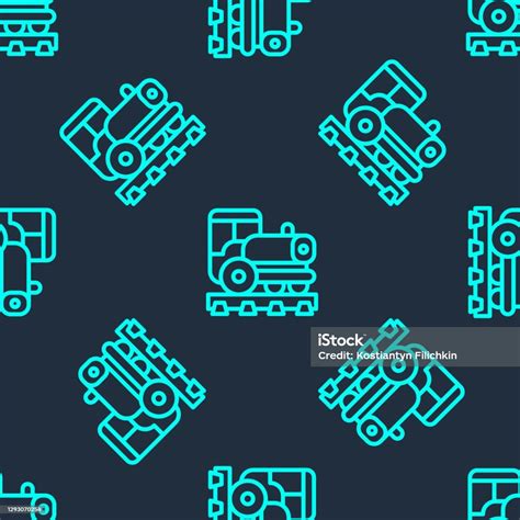 녹색 라인 빈티지 기관차 아이콘 은 파란색 배경에 절연 원활한 패턴 증기 기관차 벡터 연속무늬에 대한 스톡 벡터 아트 및 기타