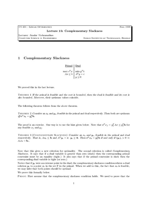 Cs 435 Complementary Slackness Condition Pdf Linear Programming Mathematics Of Computing