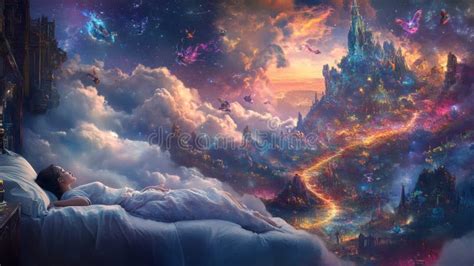 Woman Dreaming Of A Fantastical Landscape Filled With Surreal Clouds