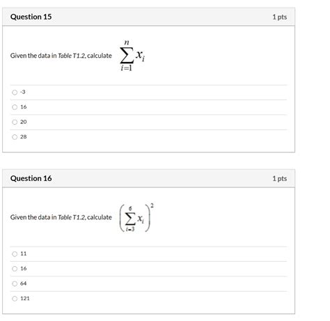 solved question 15 1 pts n given the data in table t1 2