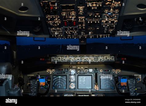 General View Of The Empty Cockpit Cockpit Commercial Flight Simulator For Flight Training Stock