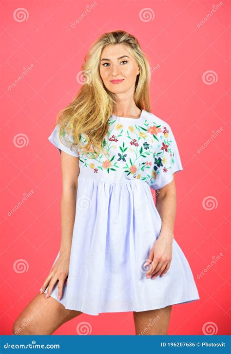 Cute Woman Has Blond Hair Fashion And Beauty Summer Dress Female