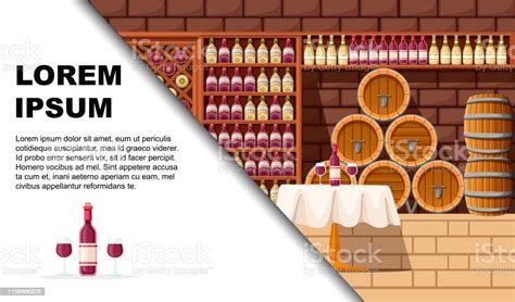 Wine Cellar With Shelves Barrels And Table Flat Vector Illustration