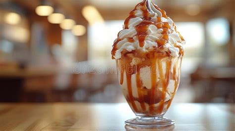 Delicious Ice Cream Sundae With Caramel Sauce And Whipped Cream In A