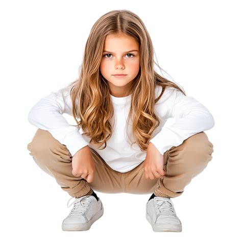 Young Girl In White Sweatshirt Sitting In Squatting Position Outdoors