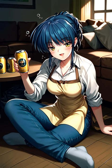 Download Animated Blue Haired Girlwith Beer Can Wallpaper