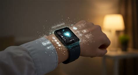 Checking Health Data On Smartwatch Wearable Technology With Glowing