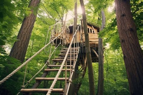Rustic Forest Treehouse With Rope Ladder Stock Image Image Of Rope