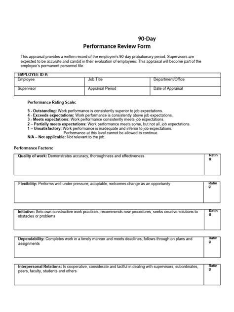 90 Day Staff Performance Review Form Pdf Performance Appraisal