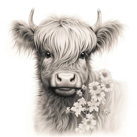 Highland Cow Calf Cute Illustration With Flowers Stock Illustration
