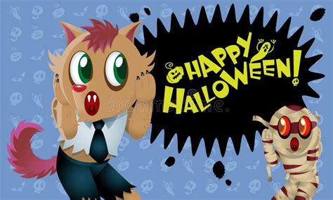 A Cute Mummy And Wolf Man With Spooky Background Stock Illustration