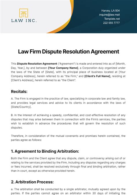 Free Law Firm Dispute Resolution Agreement Template To Edit Online