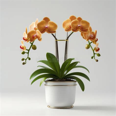 Orange Orchid Plant In White Pot With Green Leaves And Stems On A Light