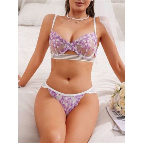 Intimates And Sleepwear Medium White Purple Trim 2pc Sexy Floral