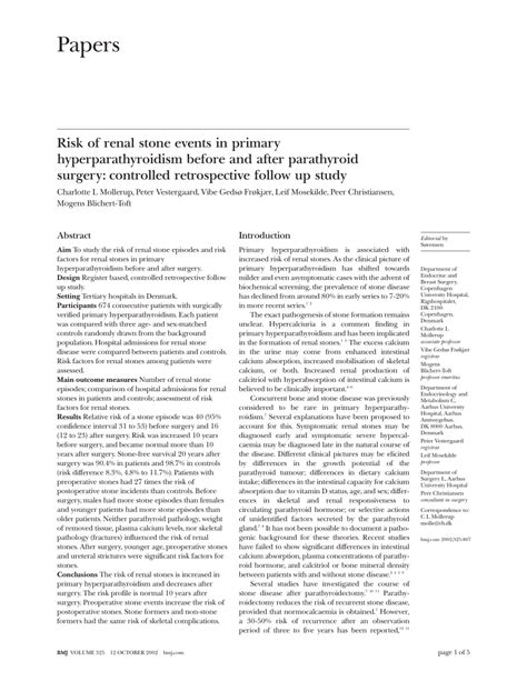 Pdf Risk Of Renal Stone Events In Primary Hyperparathyroidism Before