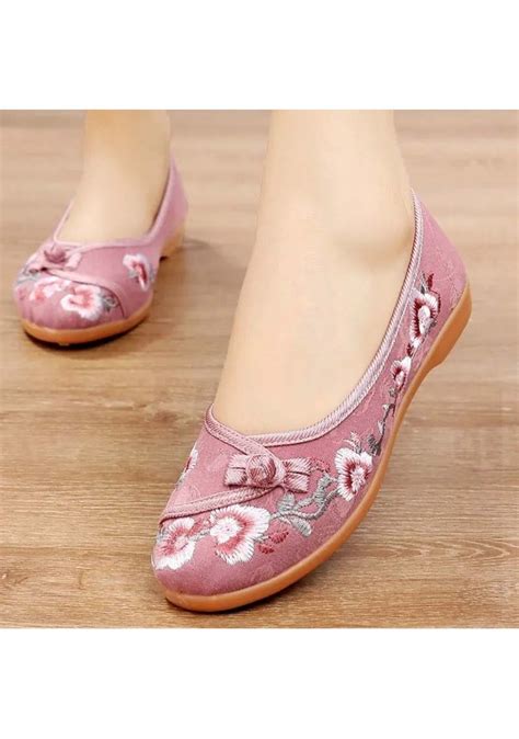 Pembe İşlemeli Kumaş Ayakkabı Retro Etnik Stil Bayan İşlemeli Ayakkabı Düz Rahat Ayakkabılar