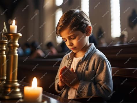 Un Niño Lindo Orando En La Iglesia Y Jesús Dando La Bendición Foto Premium