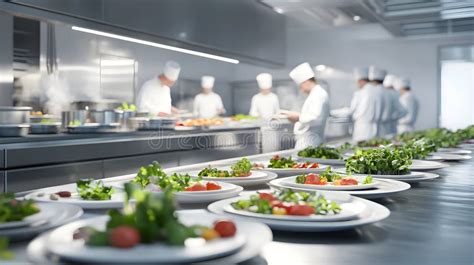 Professional Chefs Prepare Dishes In A Busy Commercial Kitchen Stock