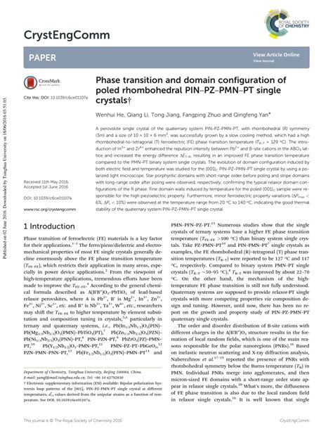 Pdf Phase Transition And Domain Configuration Of Poled Rhombohedral Pin Pz Pmn Pt Single Crystals