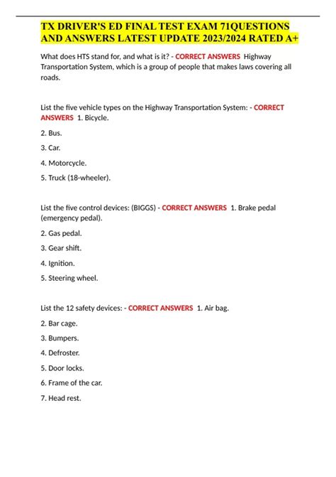 Tx Drivers Ed Final Test Exam 71questions And Answers Latest Update