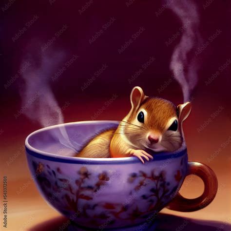 Cute Tiny Chipmunk Bathing In Steaming Tea Cup Filled With Steaming