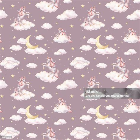 유니콘과 노란색 별 그리고 구름이 있는 완벽 한 수채화 패턴 손으로 그린 보육원 벽지 아기 장식 직물 또는 어린이 종이의 배경