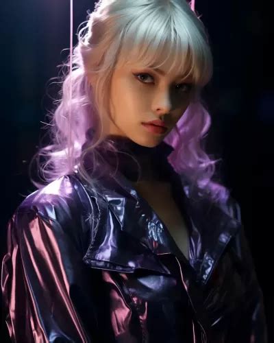 紫光照耀下的亚洲美女，亚洲服饰与高斯菲利德·海尔维因风格相似，细节惊艳，韩流闪耀，光泽夺目，快照美学，费拉尼亚p30，托彦相似