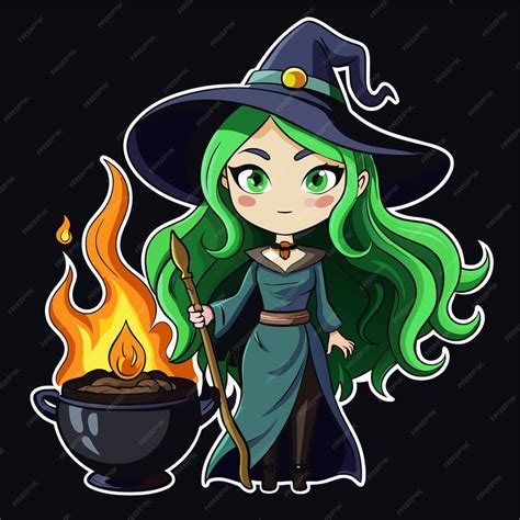 Witch With Spell And Black Magic Pot Hand Drawn Mascot Cartoon