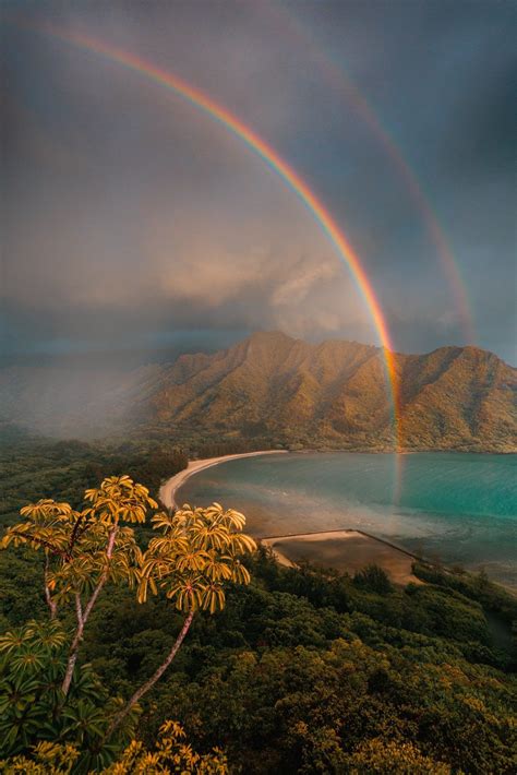 Two Rainbows Over A Tropical Beach In Oahu 🏝
