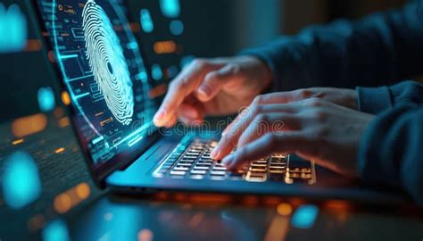 Hands Using Fingerprint Scanner On Laptop Screen Biometric Data Protection Cyber Security