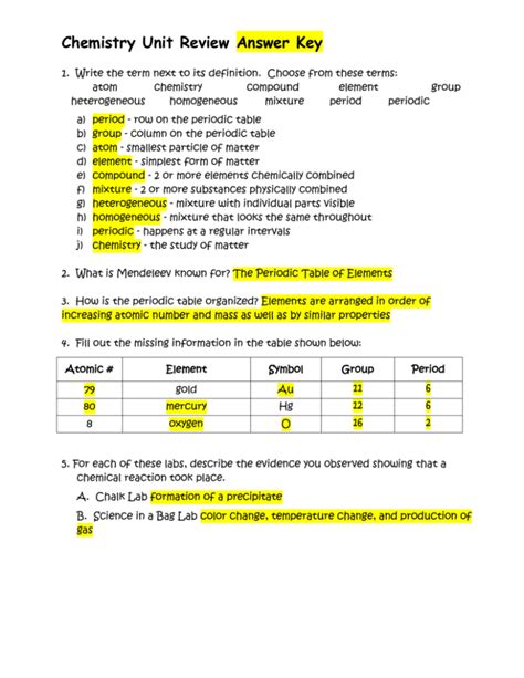 Chemistry Unit Review Answer Key