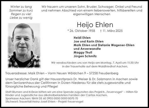 Traueranzeigen Von Heijo Ehlen Aachen Gedenkt