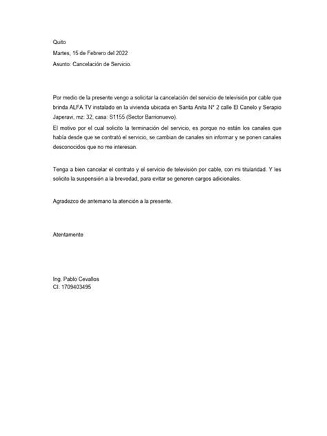Ejemplo De Carta De Cancelación De Servicio Pdf