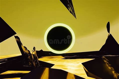 Abstract Geometric Shapes With Solar Eclipse In Surreal Yellow