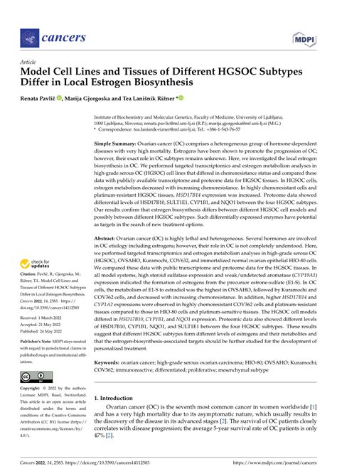 Pdf Model Cell Lines And Tissues Of Different Hgsoc Subtypes Differ In Local Estrogen Biosynthesis