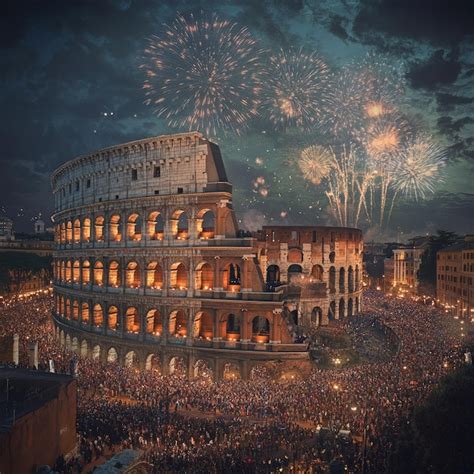 Fireworks Explode Over The Colosseum In Rome Illuminating The Ancient