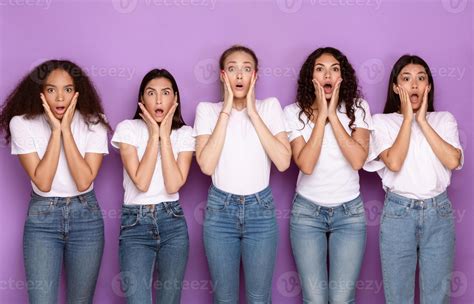 Omg Five Shocked Multiracial Women Looking At Camera In Shock And