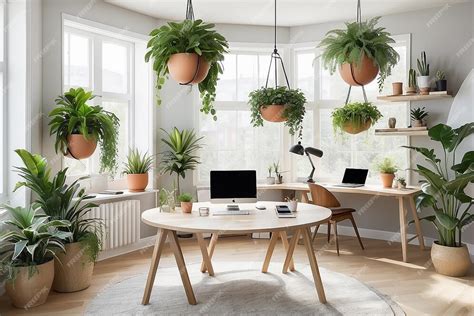 A Home Office With A Circular Workspace Surrounded By Hanging Planters Premium Ai Generated Image