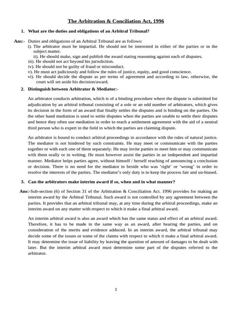 The Arbitration And Conciliation Act 1996 Ques And Ans Pdf Arbitration