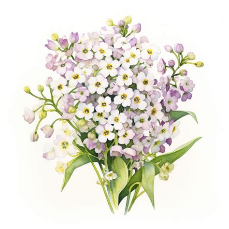 Vintage Watercolor Sweet Alyssum Bouquet Botanical Art Print Stock